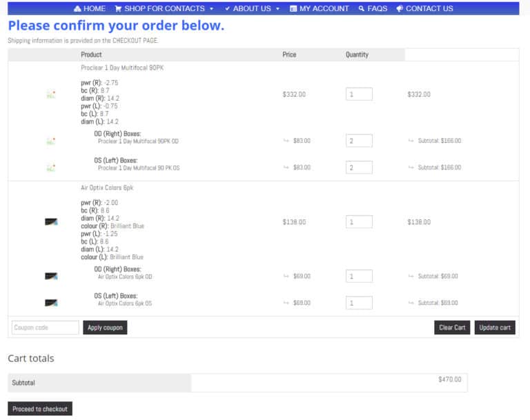 Understanding Cart at Contactsforless.ca - Best Contact Lens Site